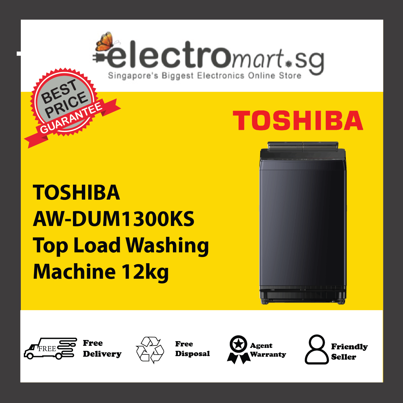 TOSHIBA AW-DUM1300KS Top Load Washing Machine 12kg – Electromart.sg Pte Ltd