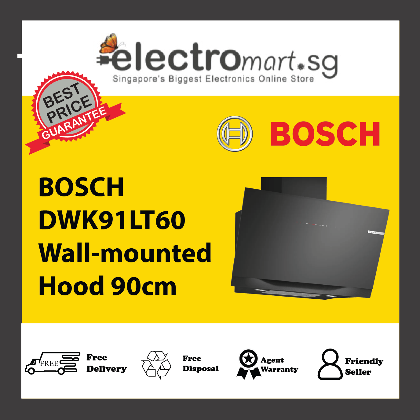 BOSCH DWK91LT60 Series 8 Wall-mounted Hood 90cm clear glass black prin ...