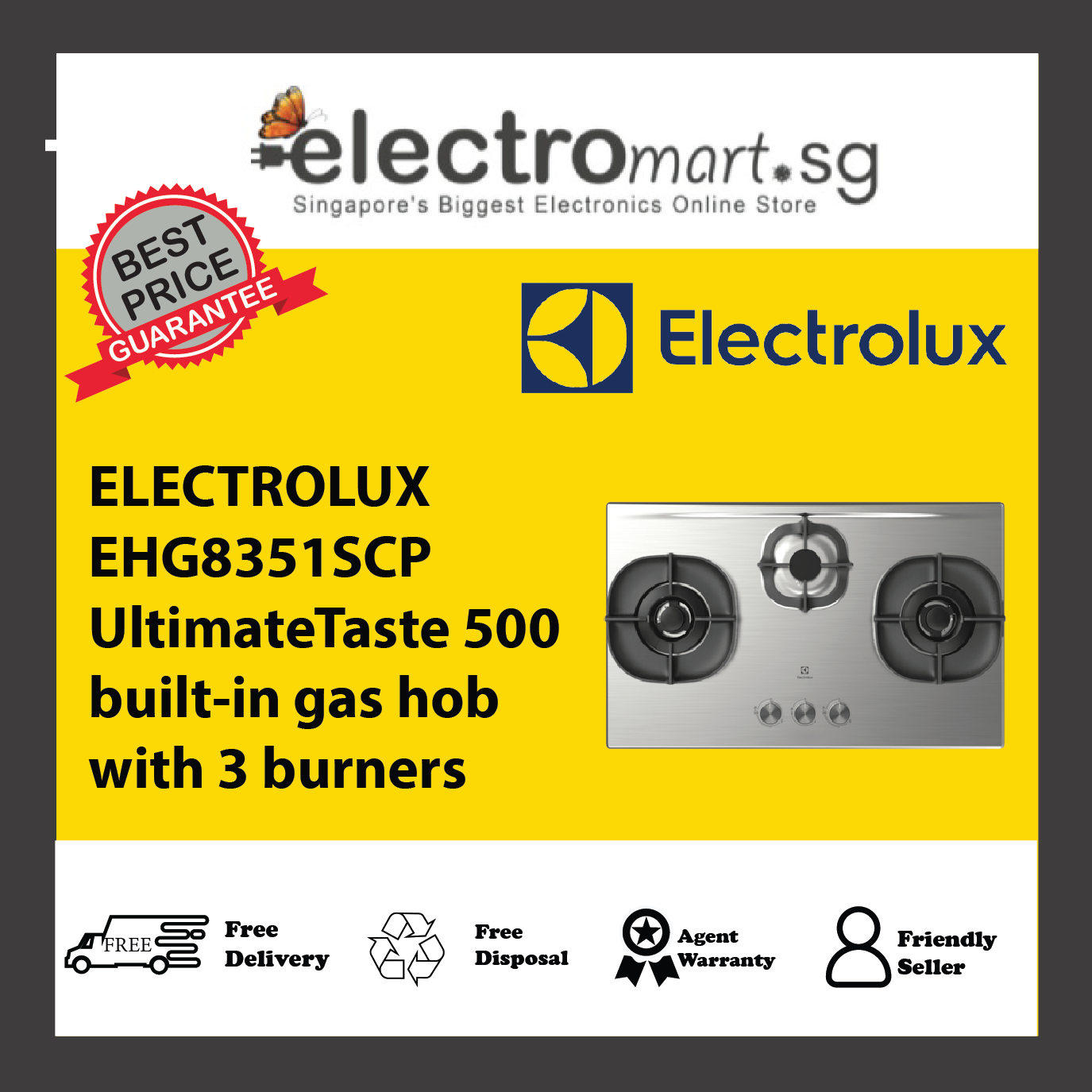 ELECTROLUX EHG8351SCP UltimateTaste 500 built-in gas hob with 3 burner ...
