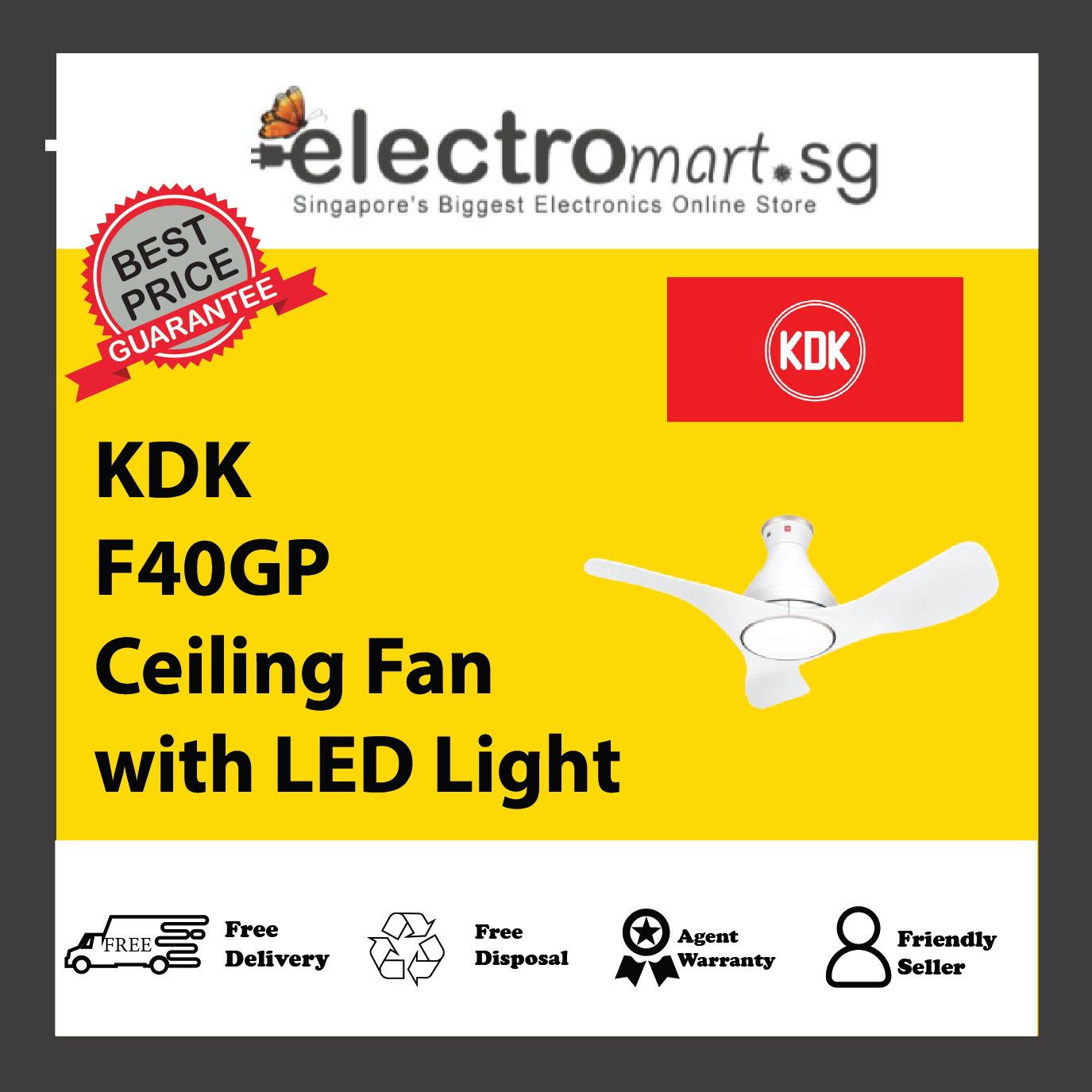 KDK F40GP 3-Blades Wifi-Control DC Ceiling Fan with LED Light (100cm ...