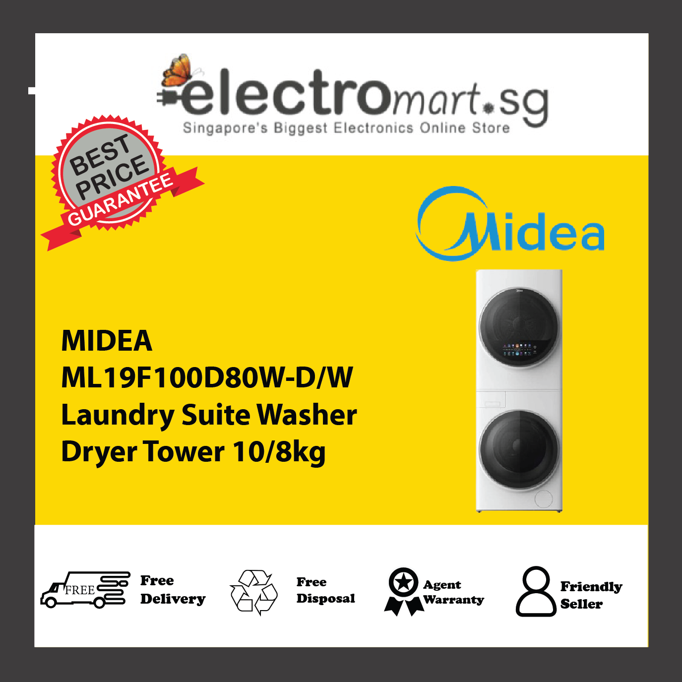 MIDEA ML19F100D80W-D/W Laundry Suite Washer Dryer Tower 10/8kg ...