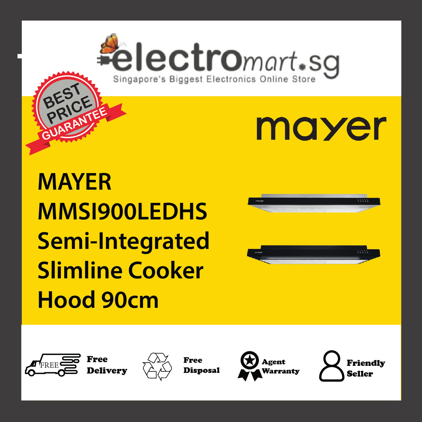 MAYER MMSI900LEDHS Semi-Integrated Slimline Cooker Hood 90cm ...