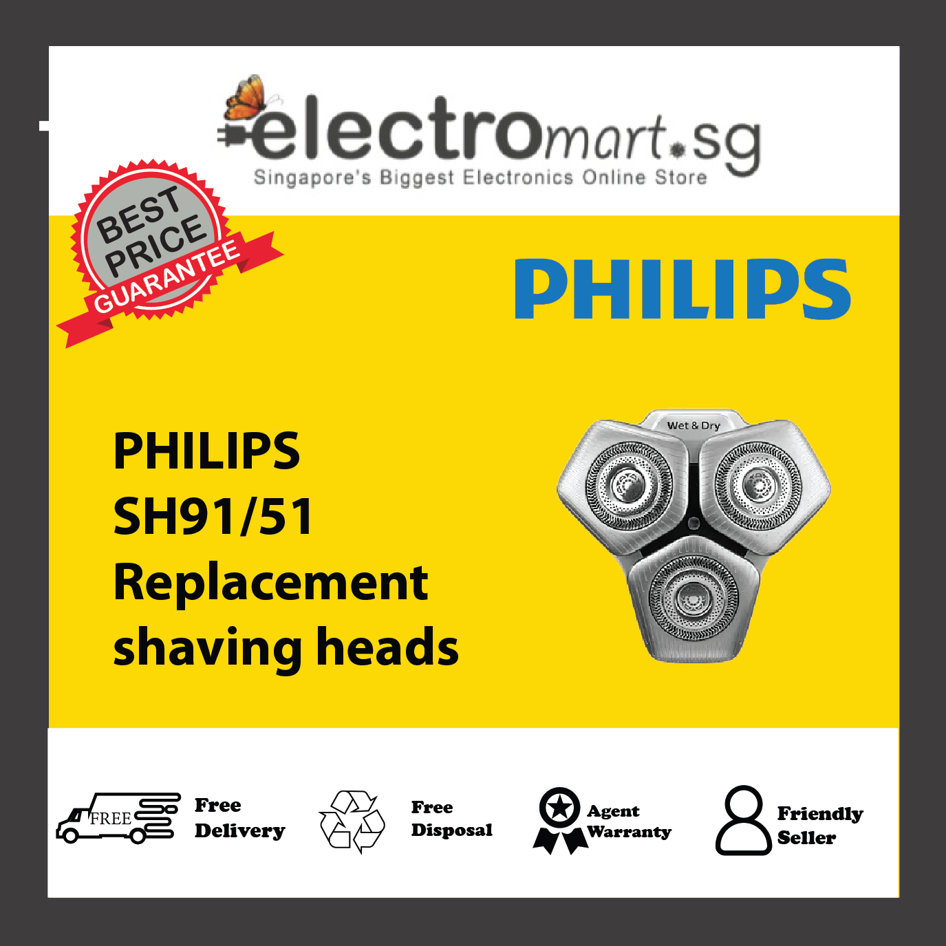 PHILIPS SH91/51 Replacement shaving heads – Electromart.sg Pte Ltd