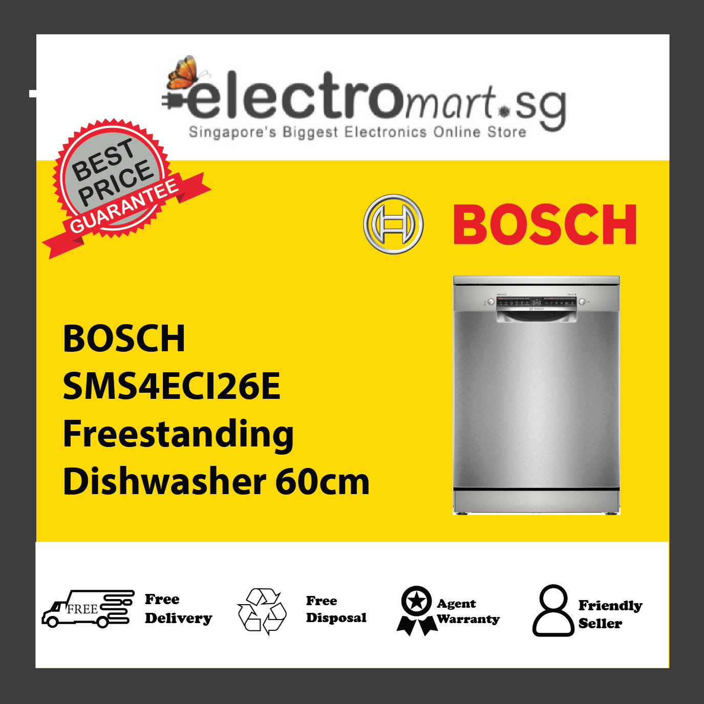BOSCH SMS4ECI26E Series 4 Freestanding Dishwasher 60cm Brushed steel a ...