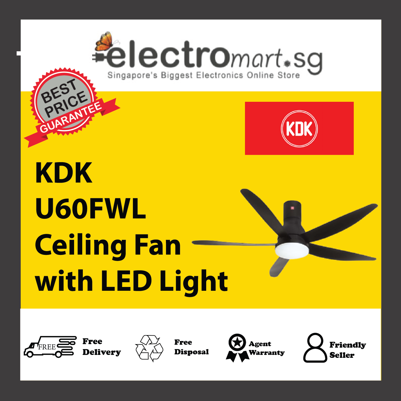 KDK U60FWL 5-Blades Remote Control DC Ceiling Fan with LED Light (150c